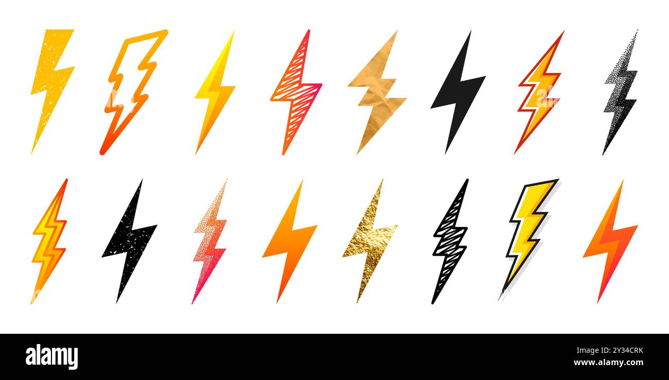 Lightning bolt icons collection. Golden, grunge, stippled, hand drawn ...