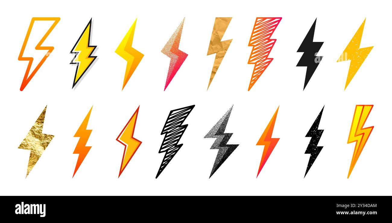 Lightning bolt icons collection. Golden, grunge, stippled, hand drawn ...