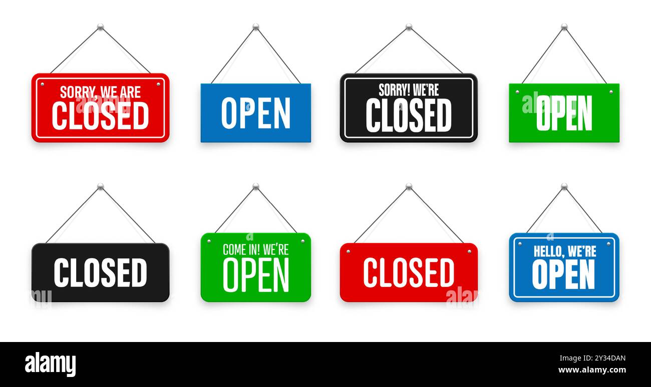 Realistic open or closed hanging signboards. Vintage door sign for cafe ...