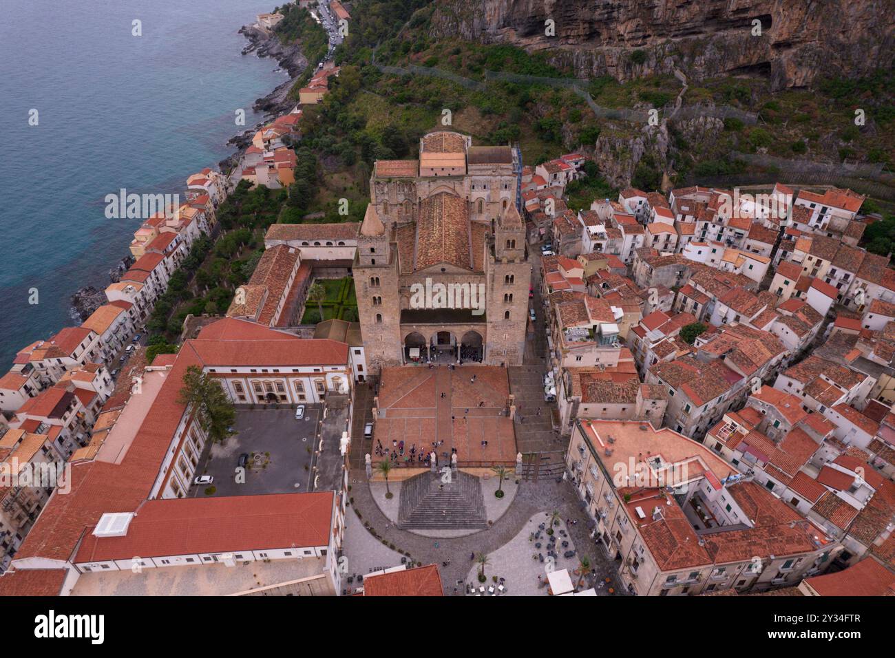 Aerial view of Cefalu Cathedral and the surrounding town, located by ...