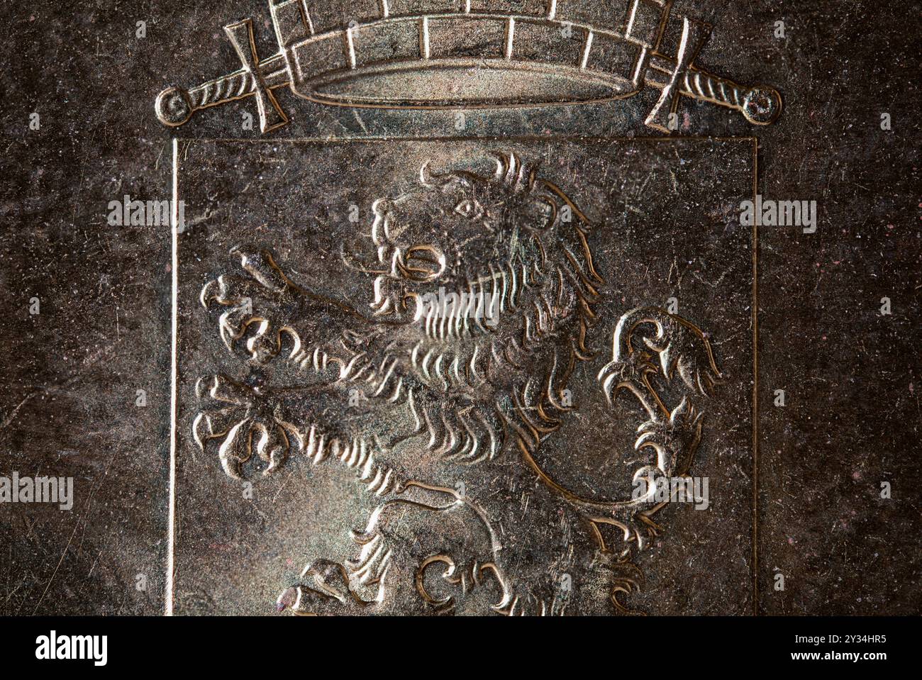 Lion on the coat of arms of the city of Rzhev. Russian coin, ultra ...