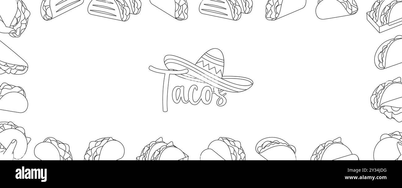 Tacos horizontal outline banner. Traditional Mexican street fast food ...