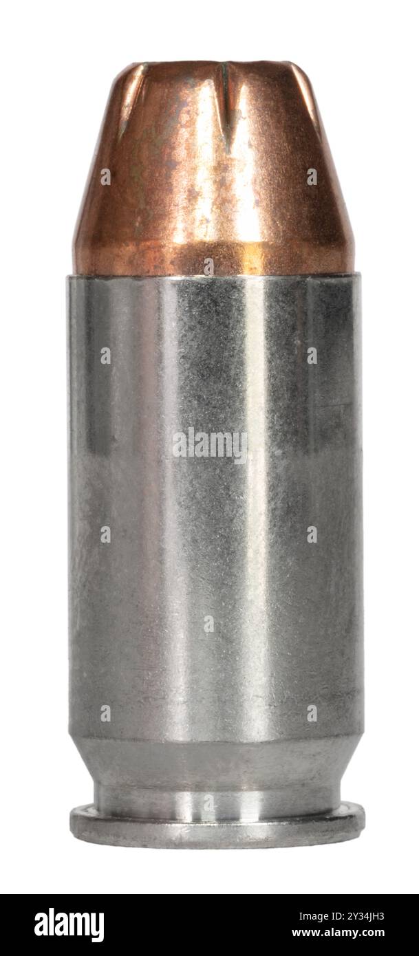 Silver colored cartridge for a 45 caliber semi-auto pistol with a ...