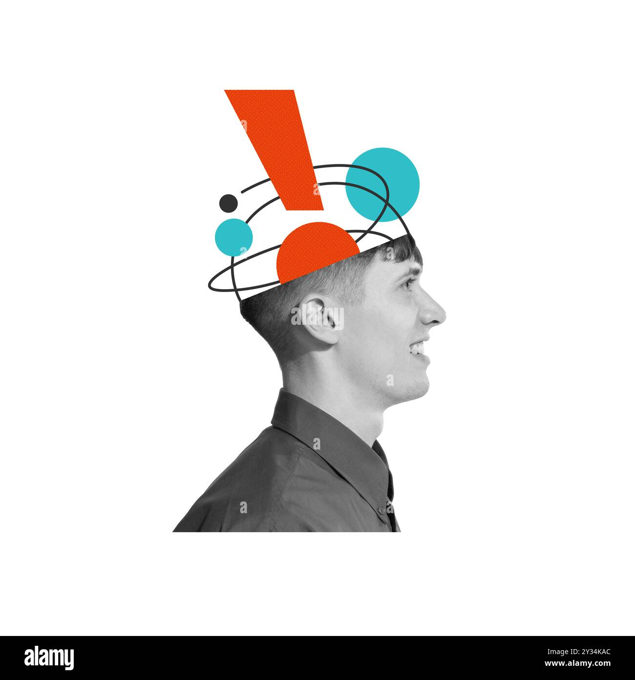 Mans head filled with colorful shapes and exclamation mark, innovative ...
