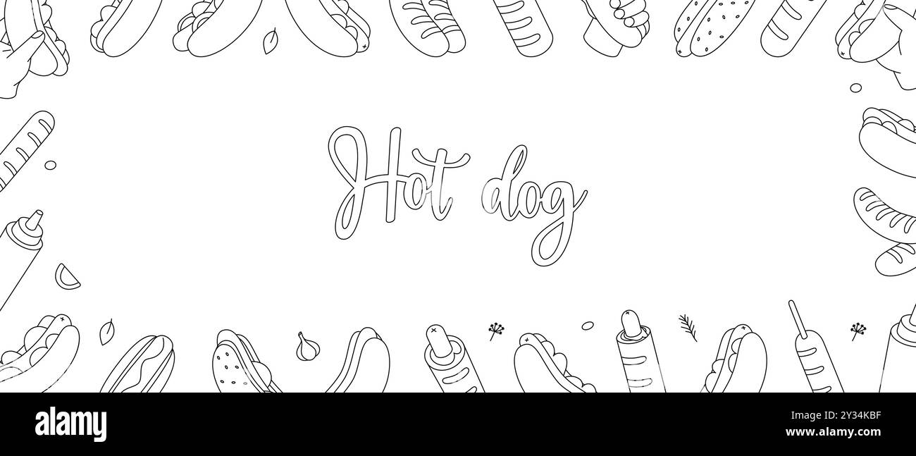 Hot dogs horizontal outline banner. American street fast food. Long ...