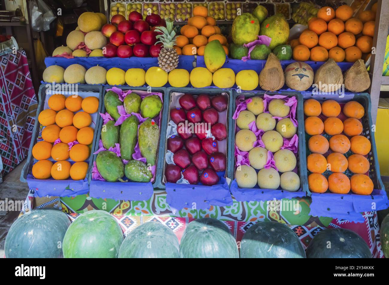 EGYPT, HURGHADA, 01 Avril 2019:Display of fruits in a shop of the city ...