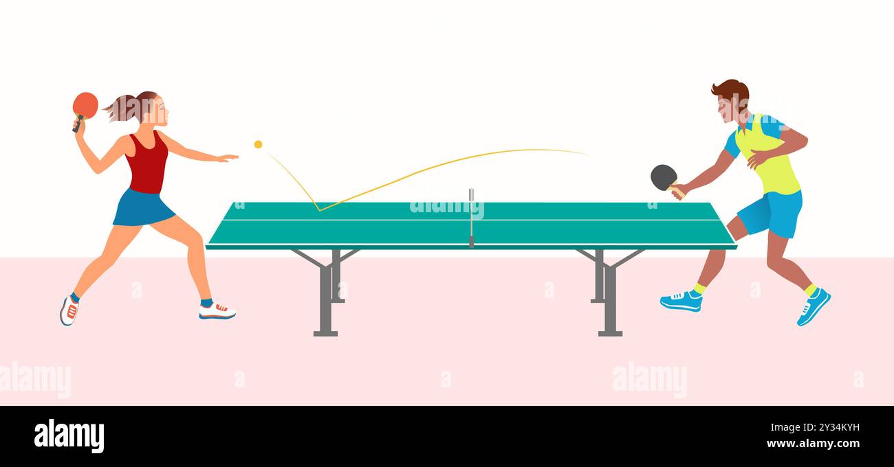 Woman and man playing table tennis game side view. Ping Pong game Stock ...
