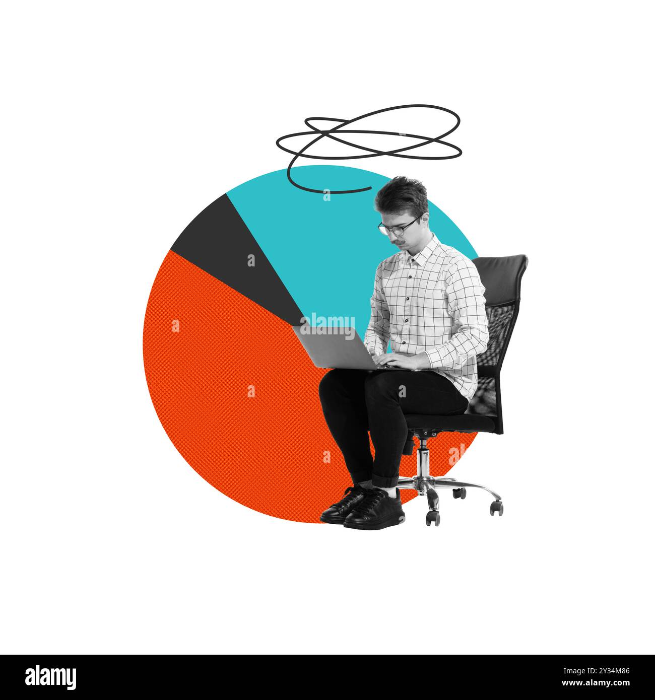 Man, employee working on laptop with pie chart behind. Focus on data analysis and performance ...