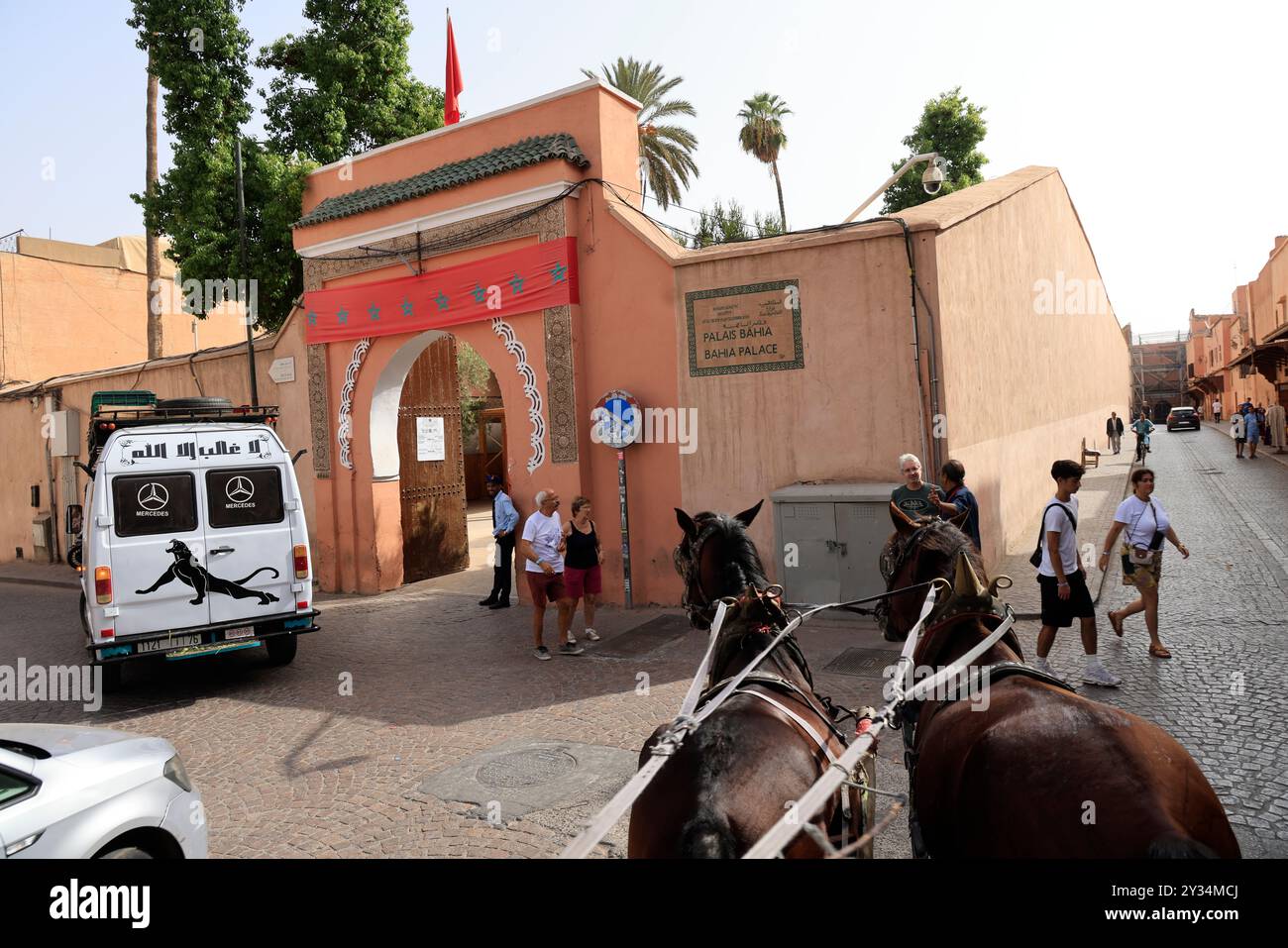 Horse-drawn carriages are used to tour the city of Marrakech, a tourist ...