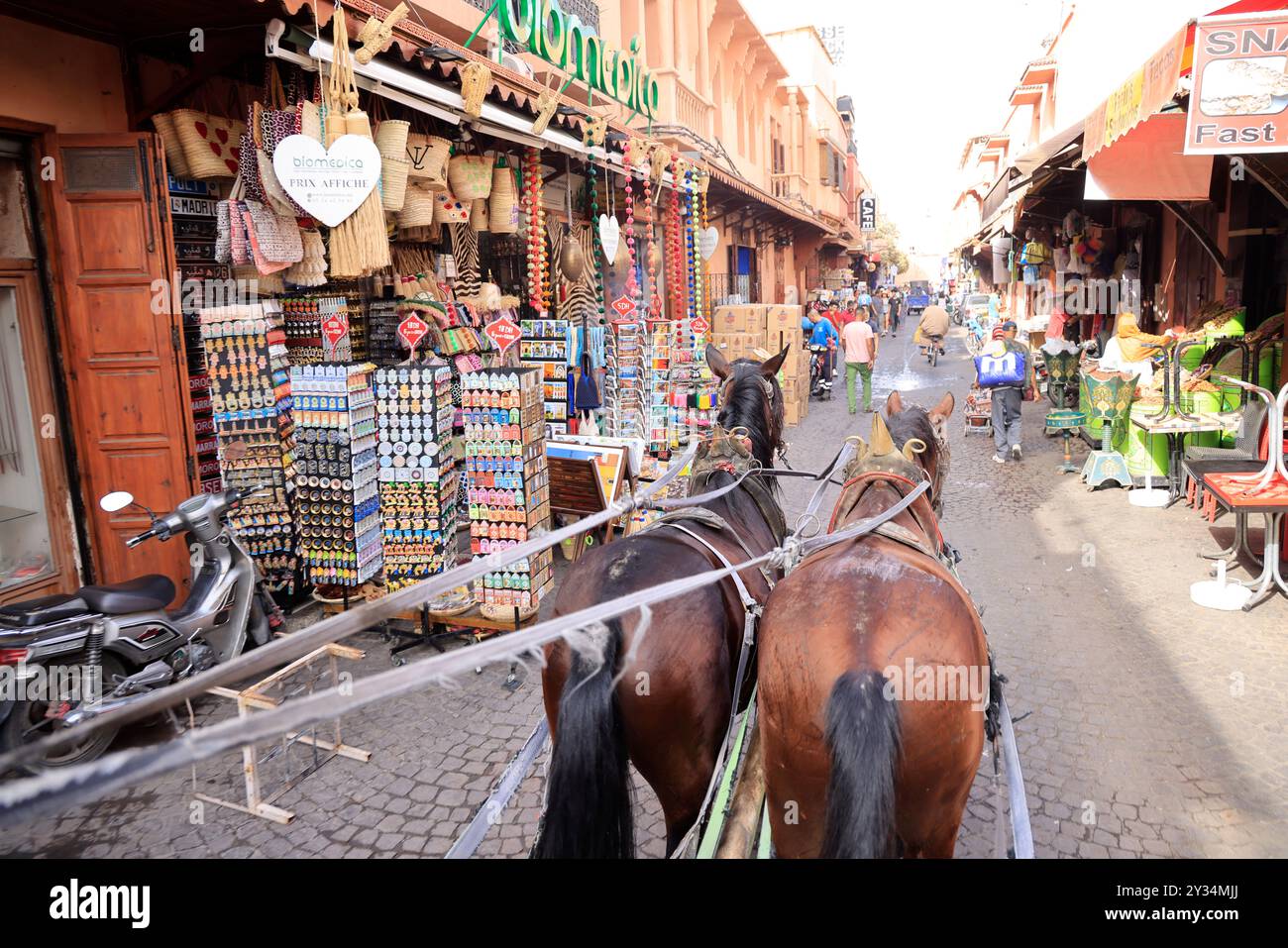 Horse-drawn carriages are used to tour the city of Marrakech, a tourist ...