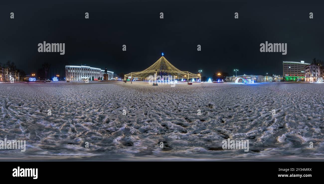 night full 360 panorama on square with Christmas tree with illumination ...