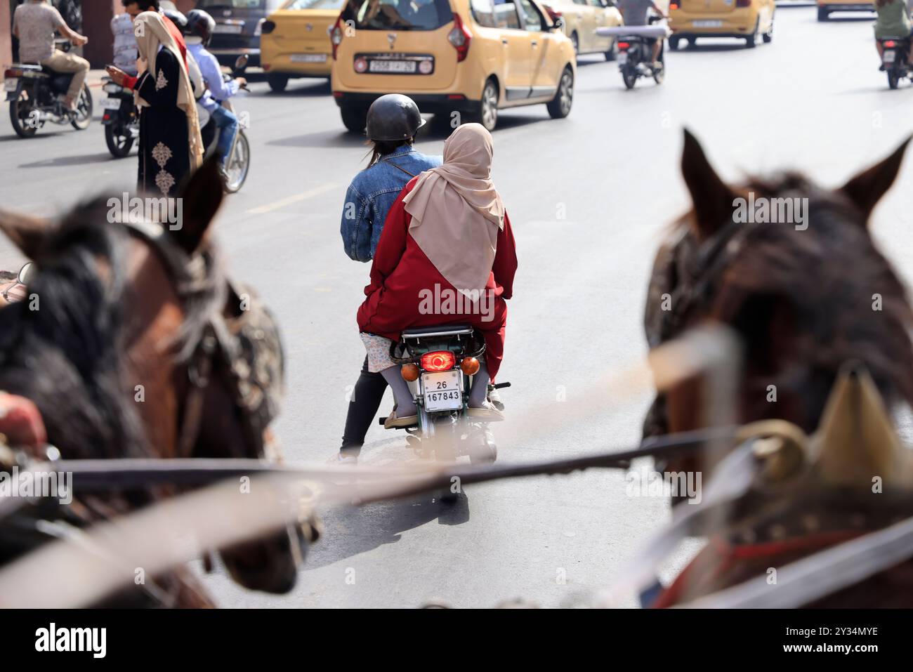 Horse-drawn carriages are used to tour the city of Marrakech, a tourist ...