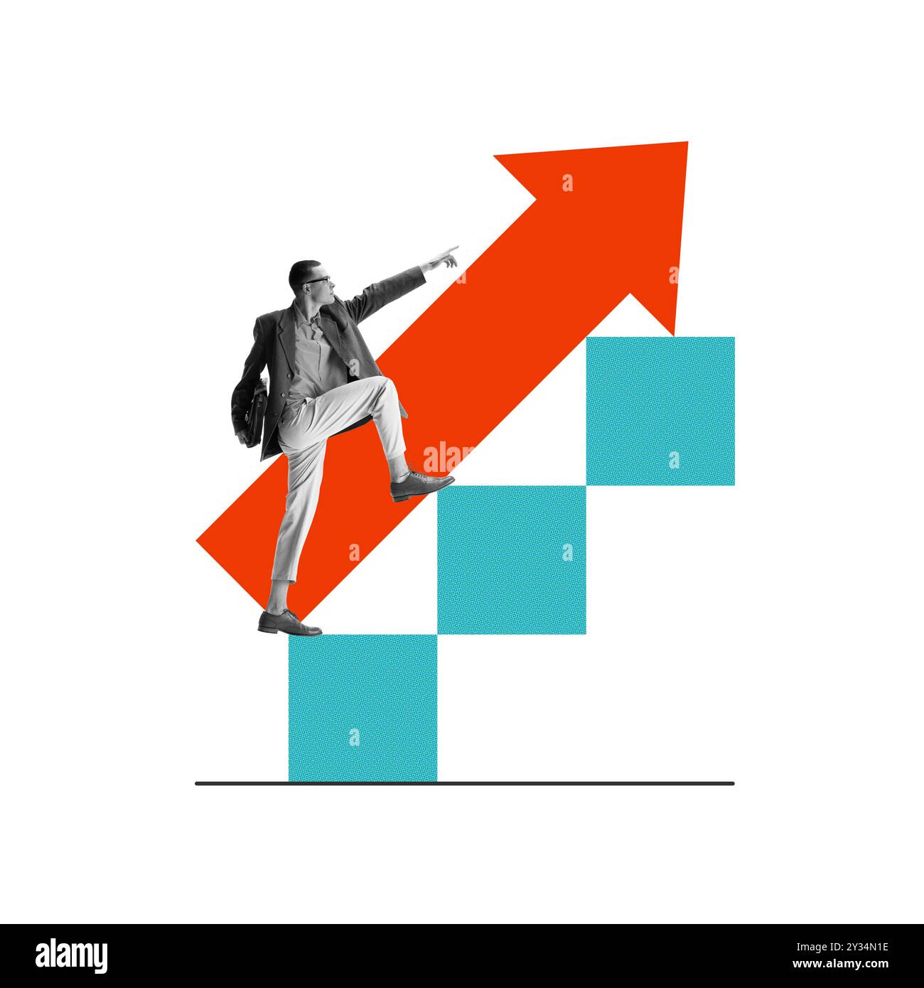 Man climbing steps with arrow going upwards. Growth and progress ...