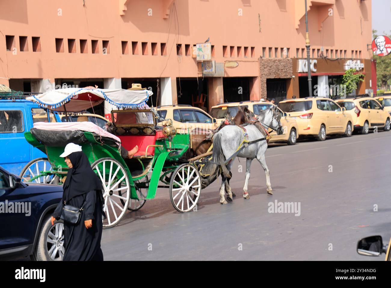Horse-drawn carriages are used to tour the city of Marrakech, a tourist ...