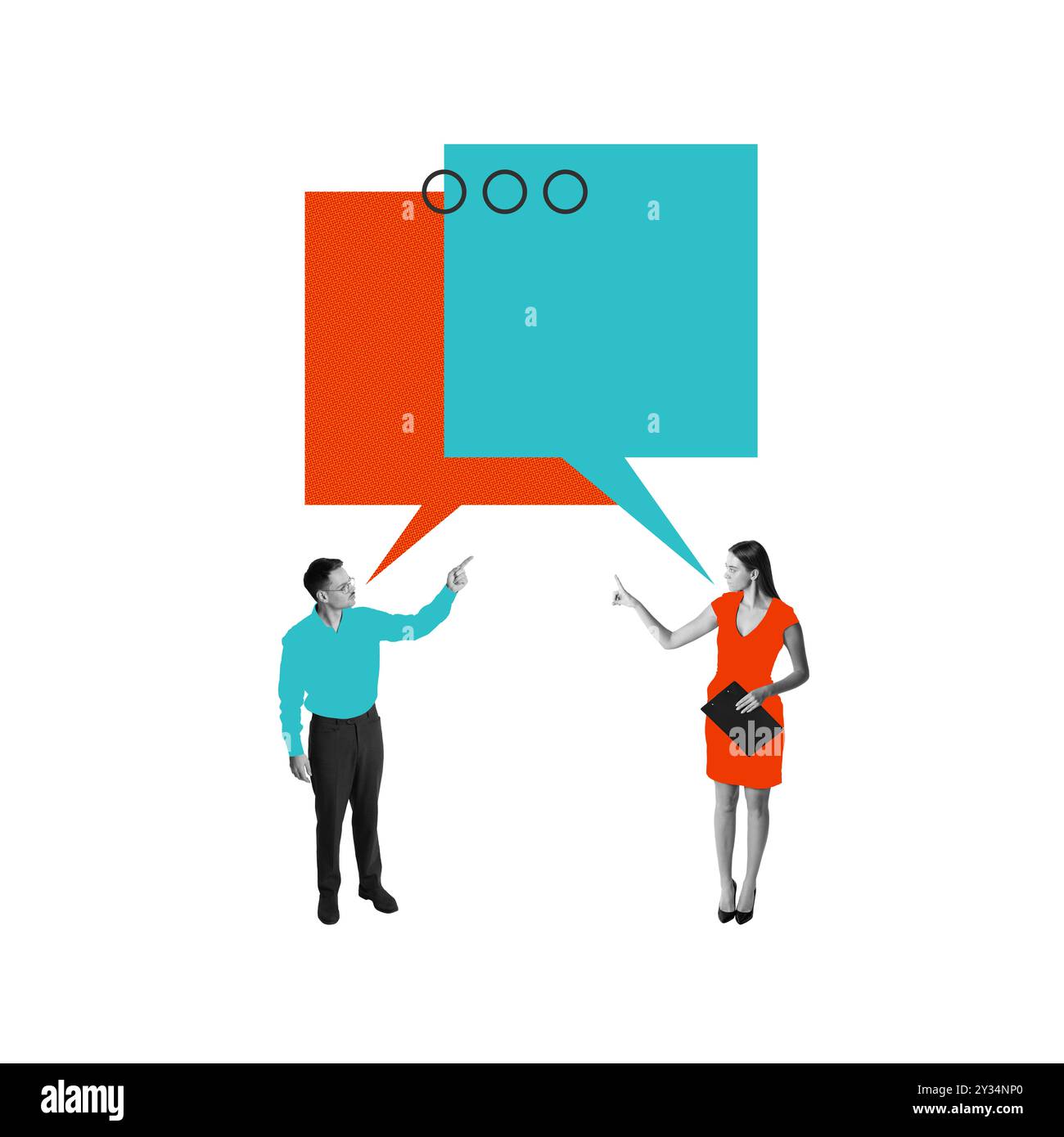 Two business people pointing at large overlapping speech bubbles ...
