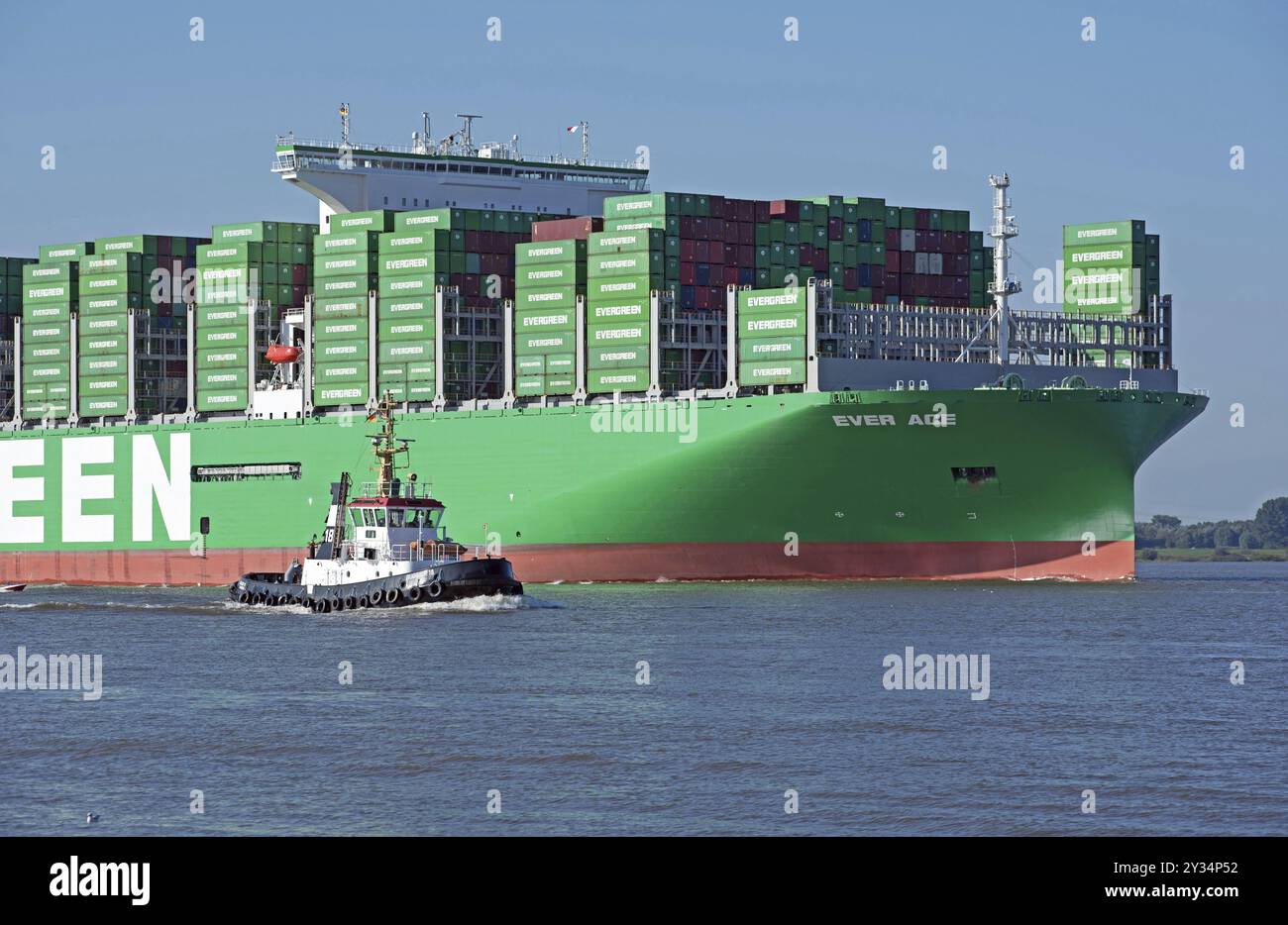 Europe Germany Hanseatic City of Hamburg Harbour, Elbe, shipping company of Evergreen Line ...