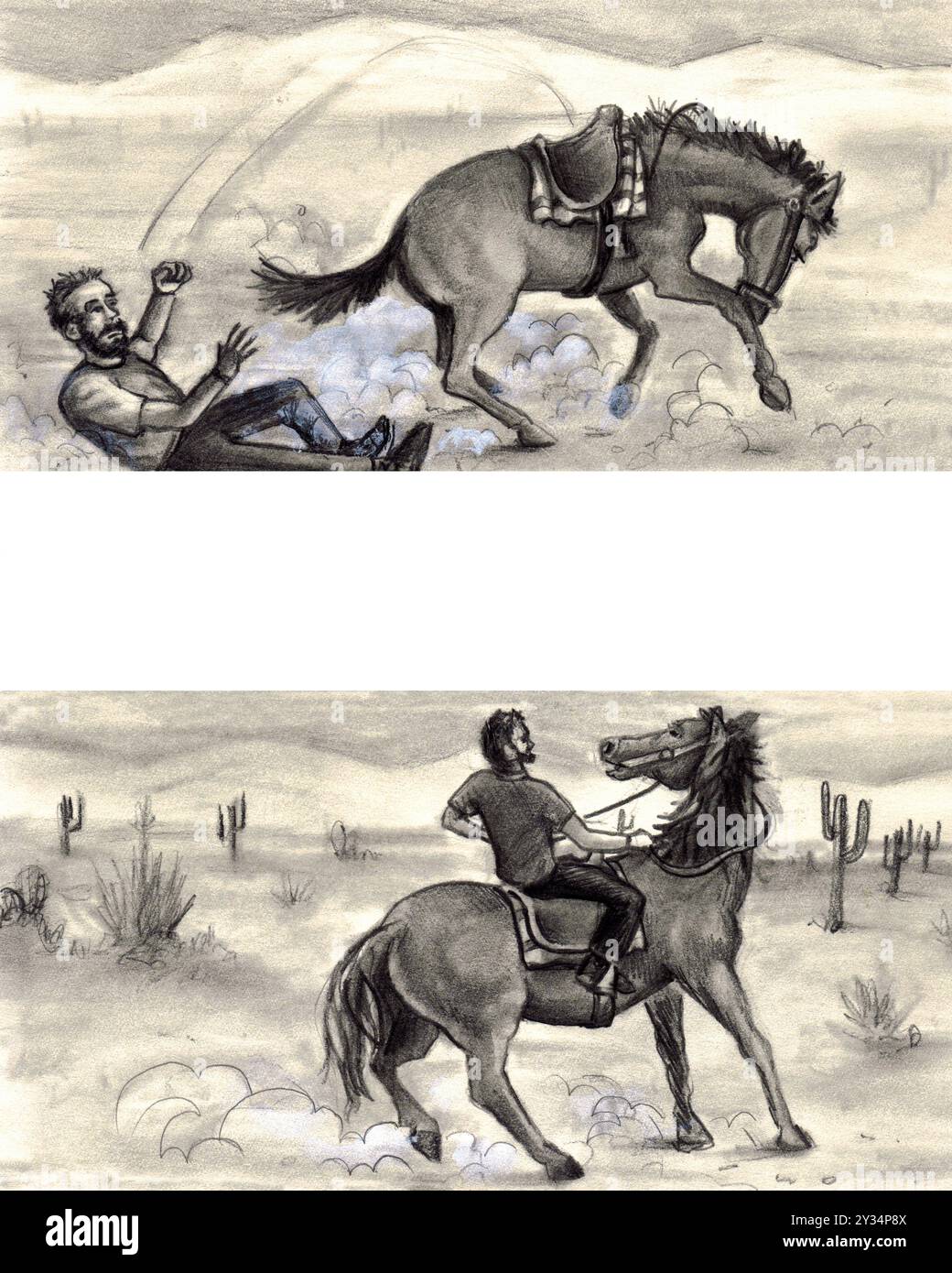 Top Cartoon: Man just thrown off back of horse on ground in the wild ...