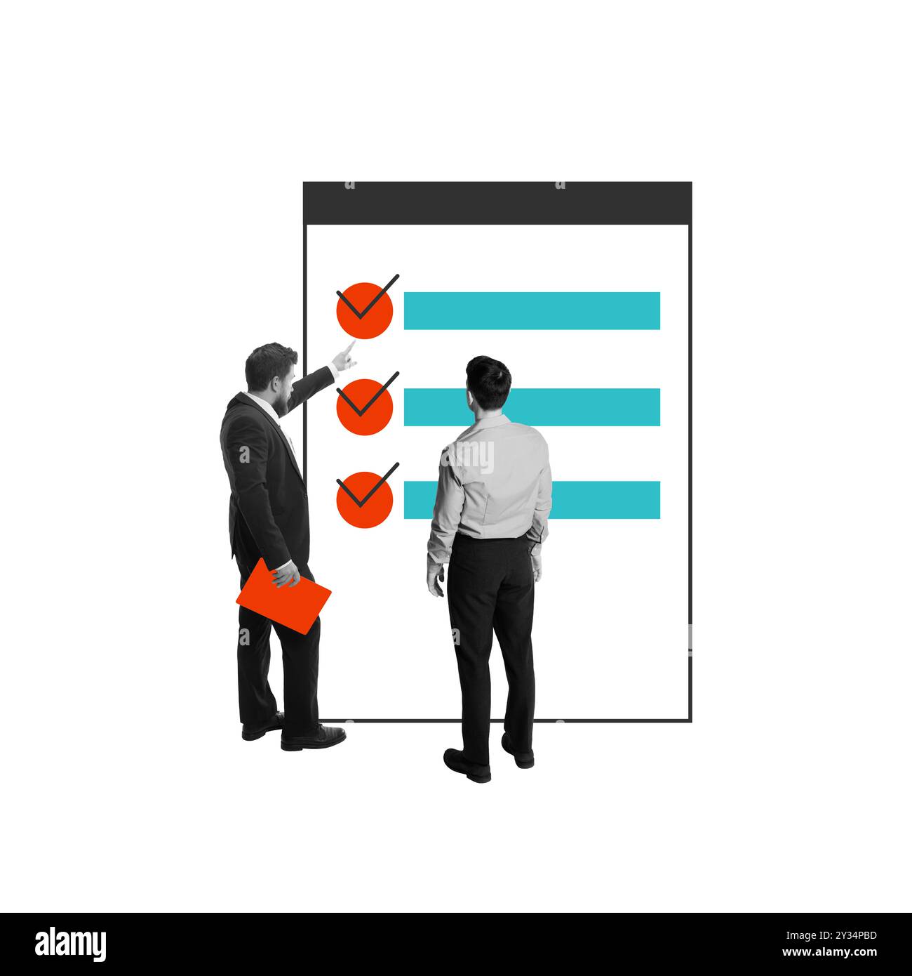 Two businessmen standing in front of checklist, marking tasks as ...