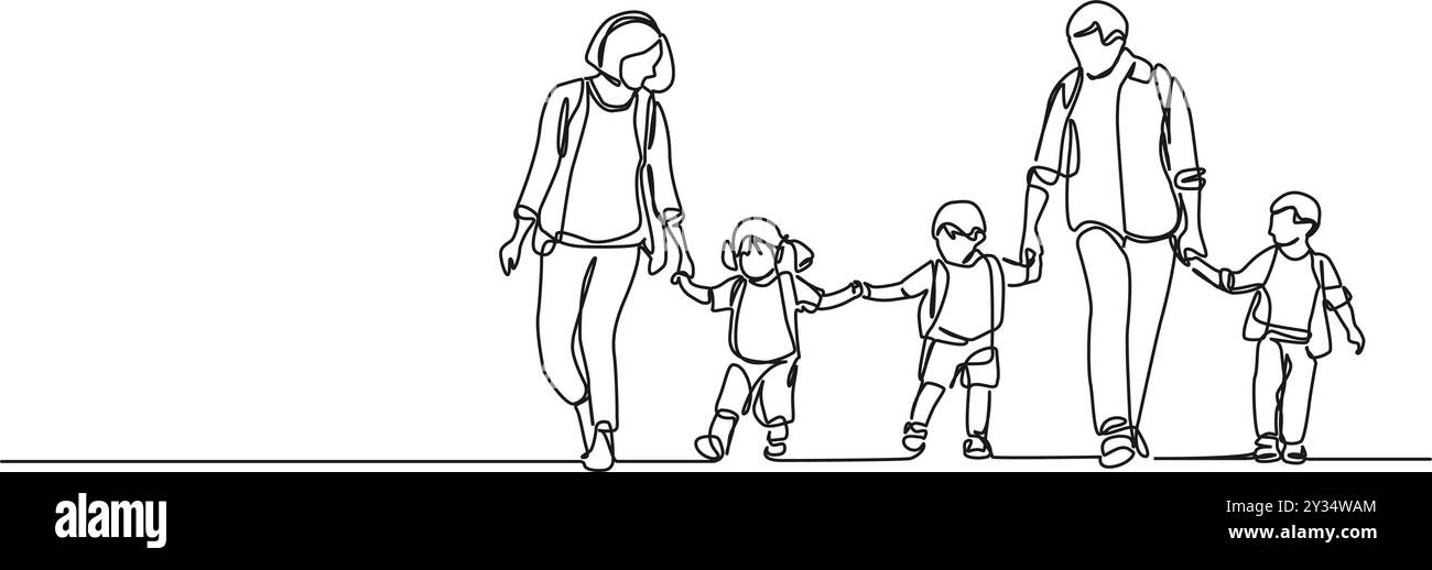 continuous single line drawing of parents and three kids walking hand ...