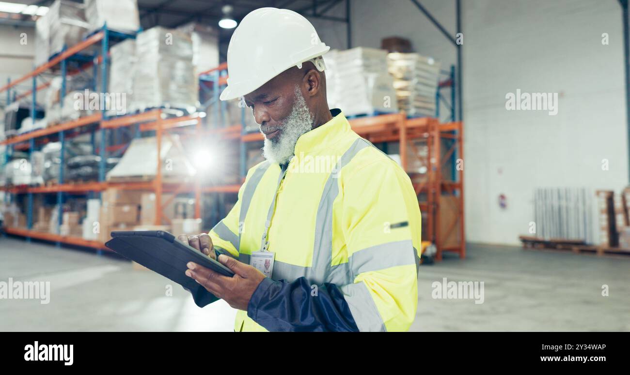Man, thinking and tablet in warehouse for inspection, inventory check ...