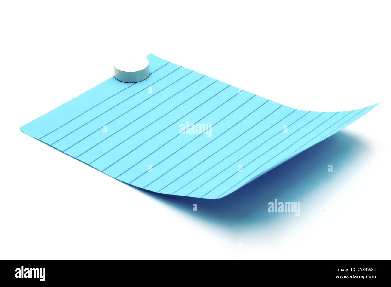 Post-it note in blue color with a magnetic washer on a white background ...