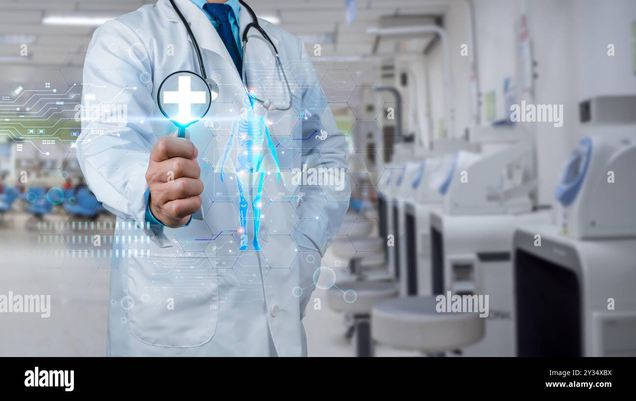 Medical technology concept, Doctor holding magnifying glasses to ...