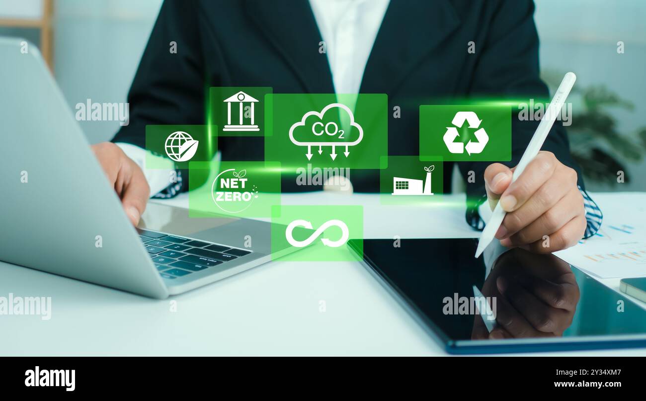 Business woman analyze investment sustainability ESG icons. ESG ...