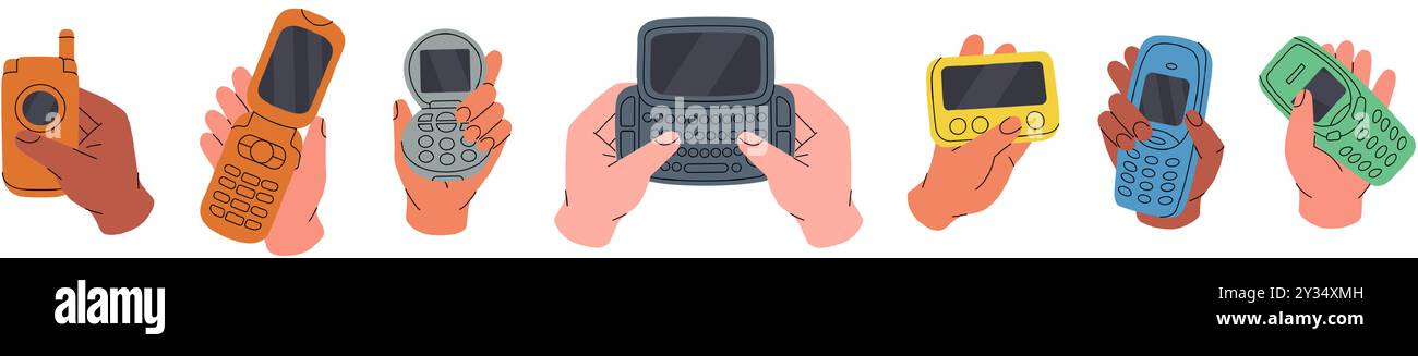 Hands hold flip mobile phones. Old mobile phone from the 90s. Retro ...