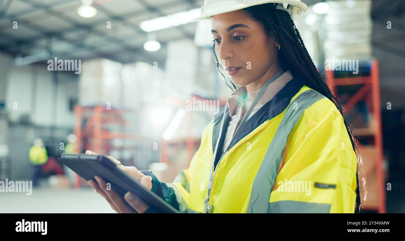 Shipping, tablet and supply chain with woman in warehouse for logistics ...