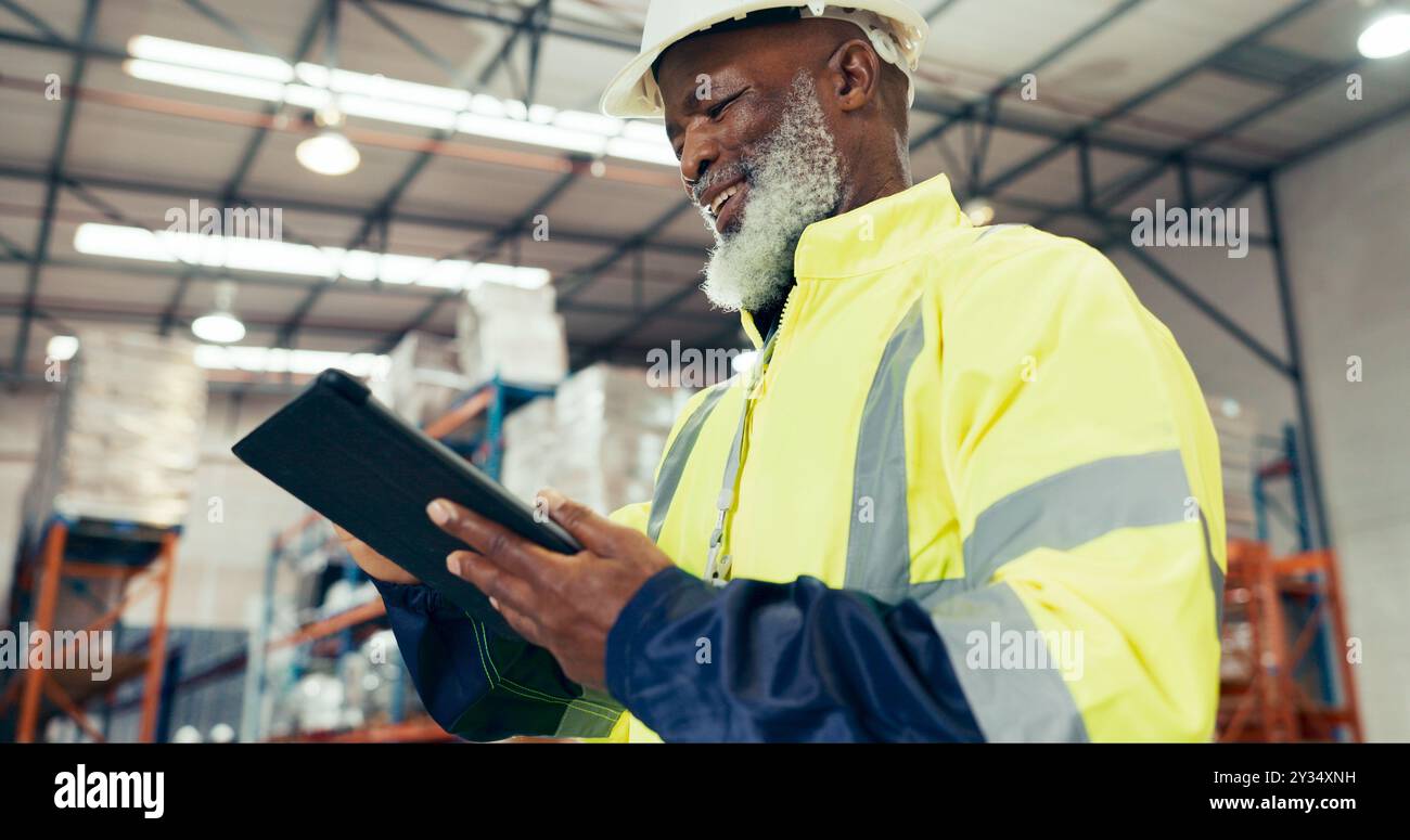 Supervisor, thinking and tablet in warehouse for inventory check ...