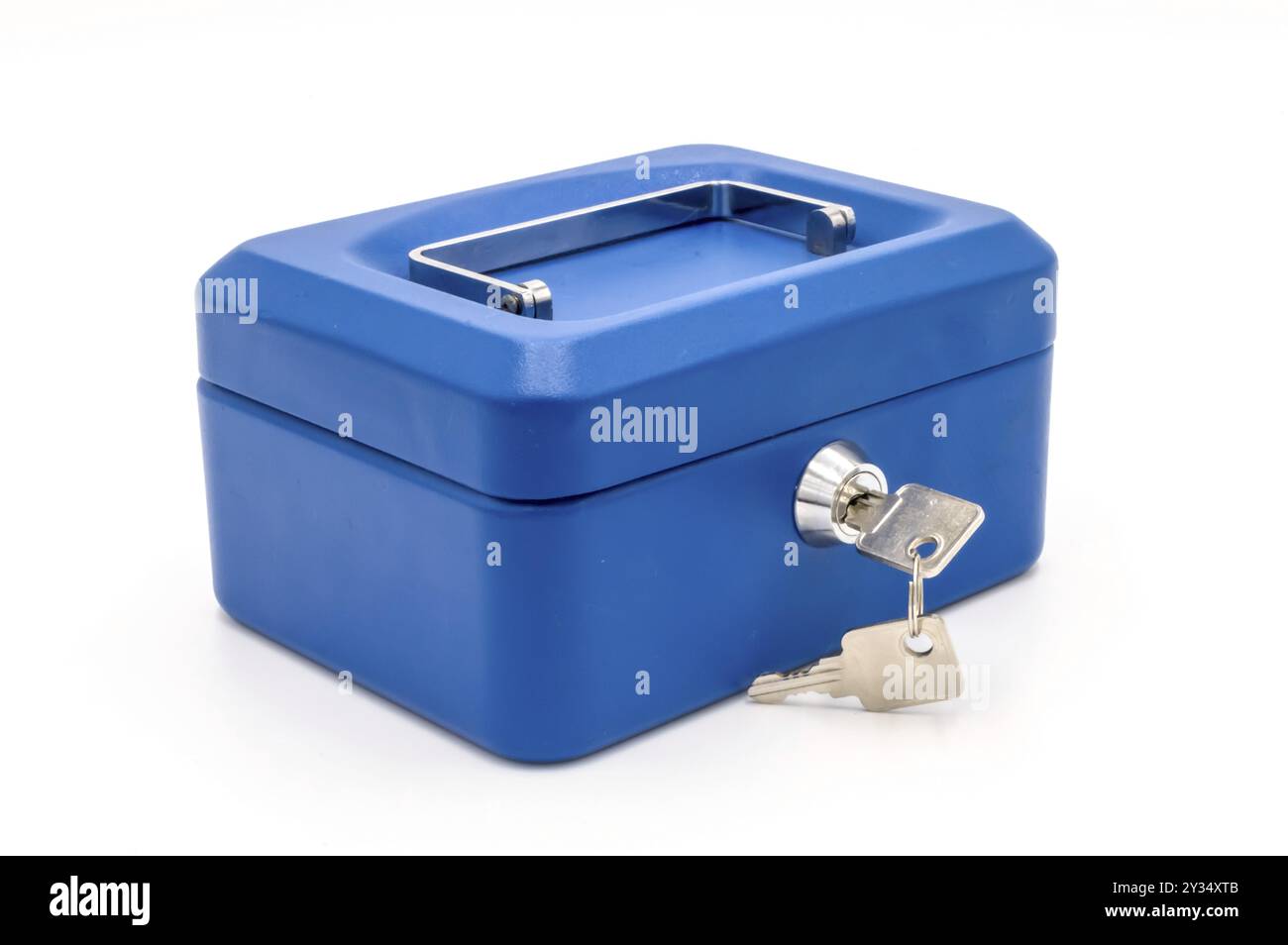 Blue safe close with a key on a white background Stock Photo - Alamy
