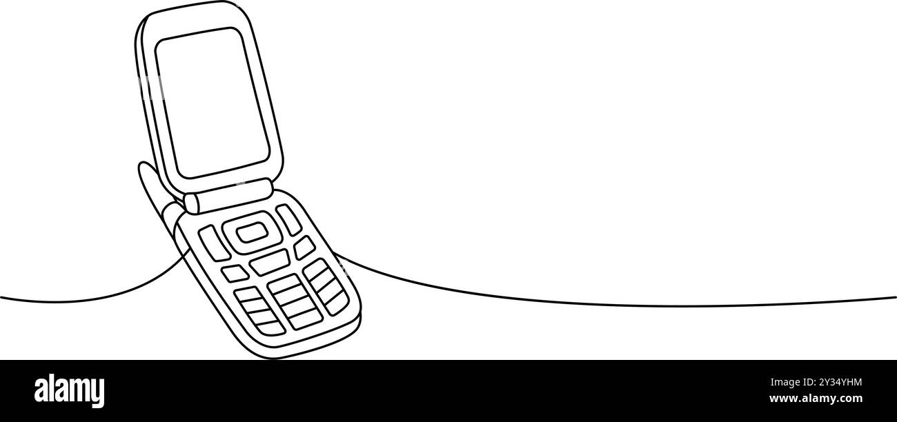 Retro flip mobile phone one line continuous drawing. Old communication ...