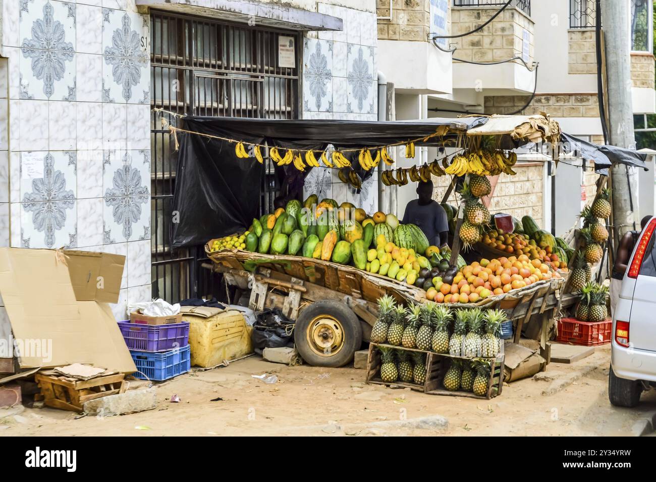 Mombasa, Kenya, Africa-10/01/2017. Display of vegetables on a trailer ...