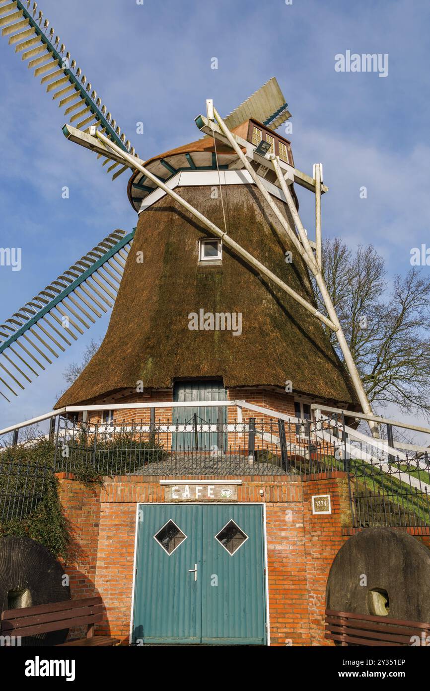 Traditional windmill with thatched roof and blue entrance gate under a ...