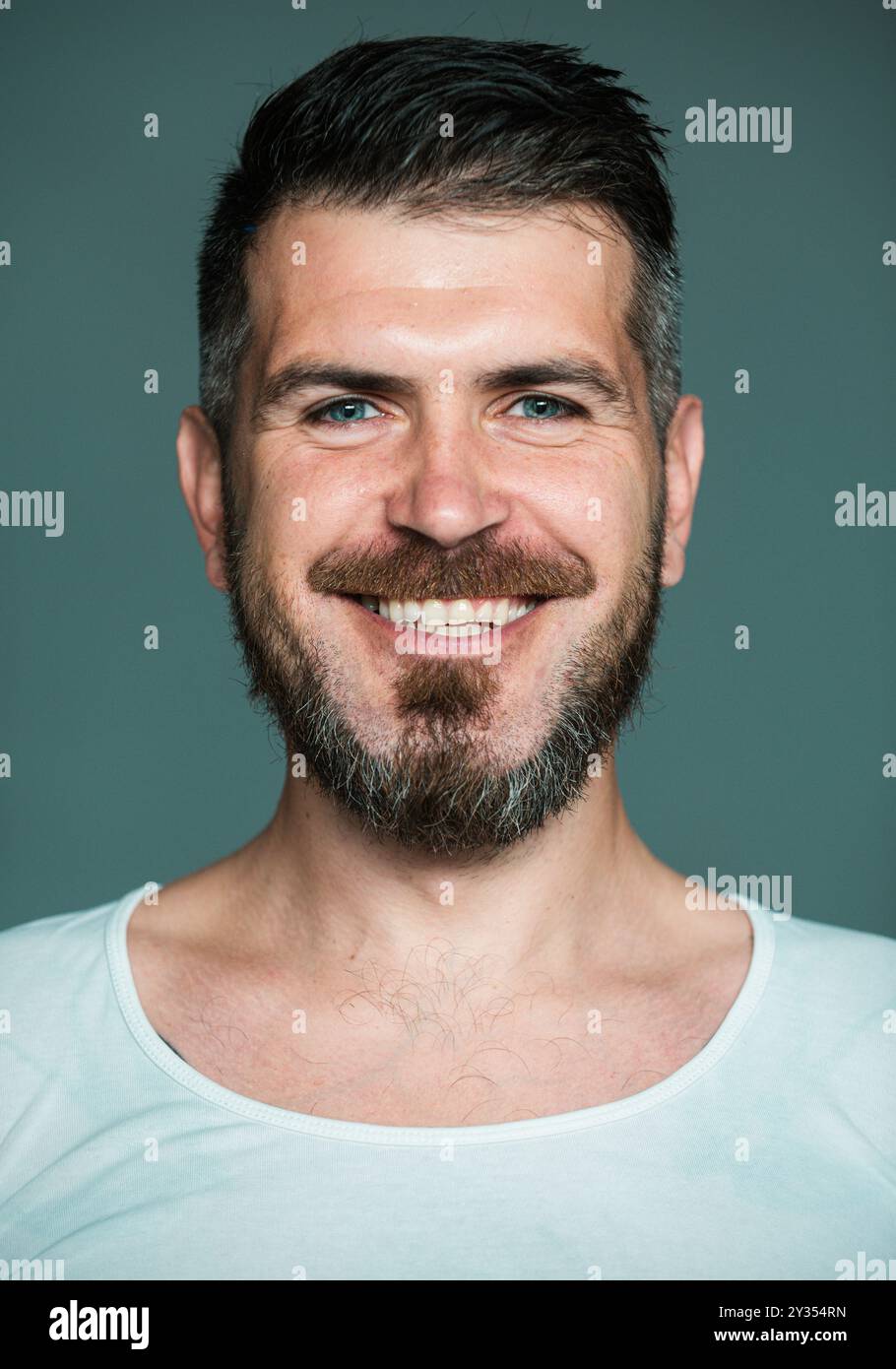 Happy man smile face. Barber with long beard and moustache in ...