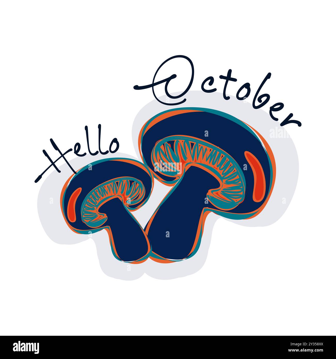 Hello October. Hello autumn. Template with colorful mushrooms and ...