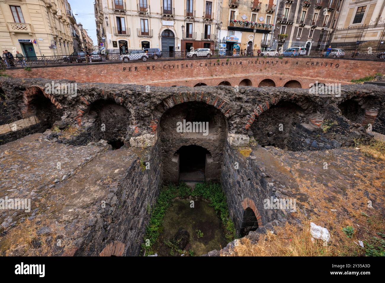 The basalt stone blocks of the ancient Roman Amphitheatre at Catania ...