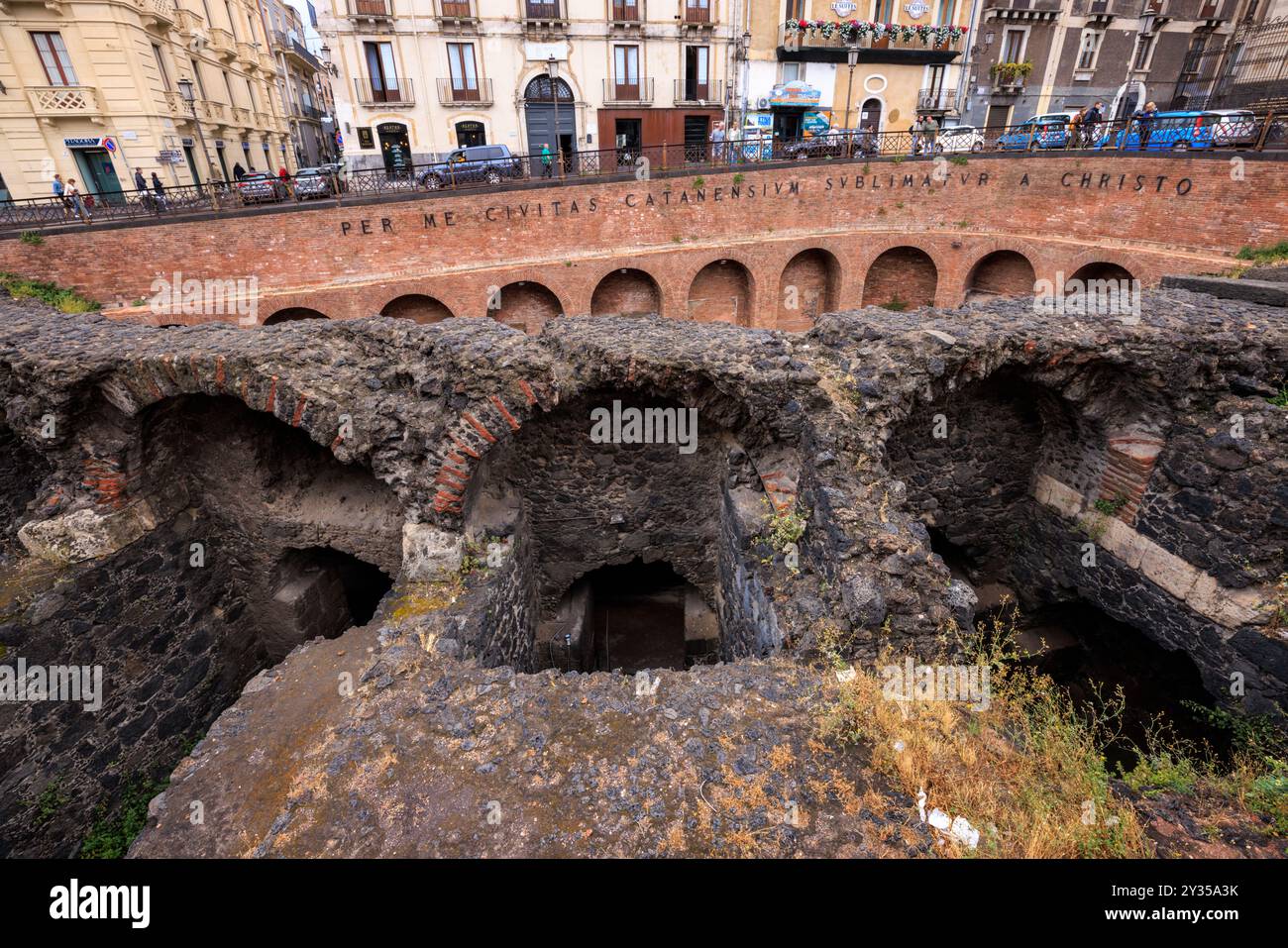 The basalt stone blocks of the ancient Roman Amphitheatre at Catania ...