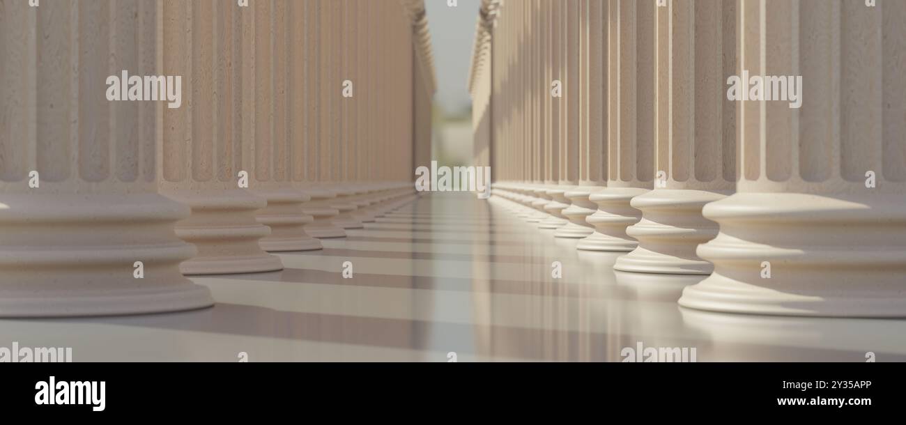 Stone columns colonnade and marble floor detail. Classical pillars row, building entrance ...