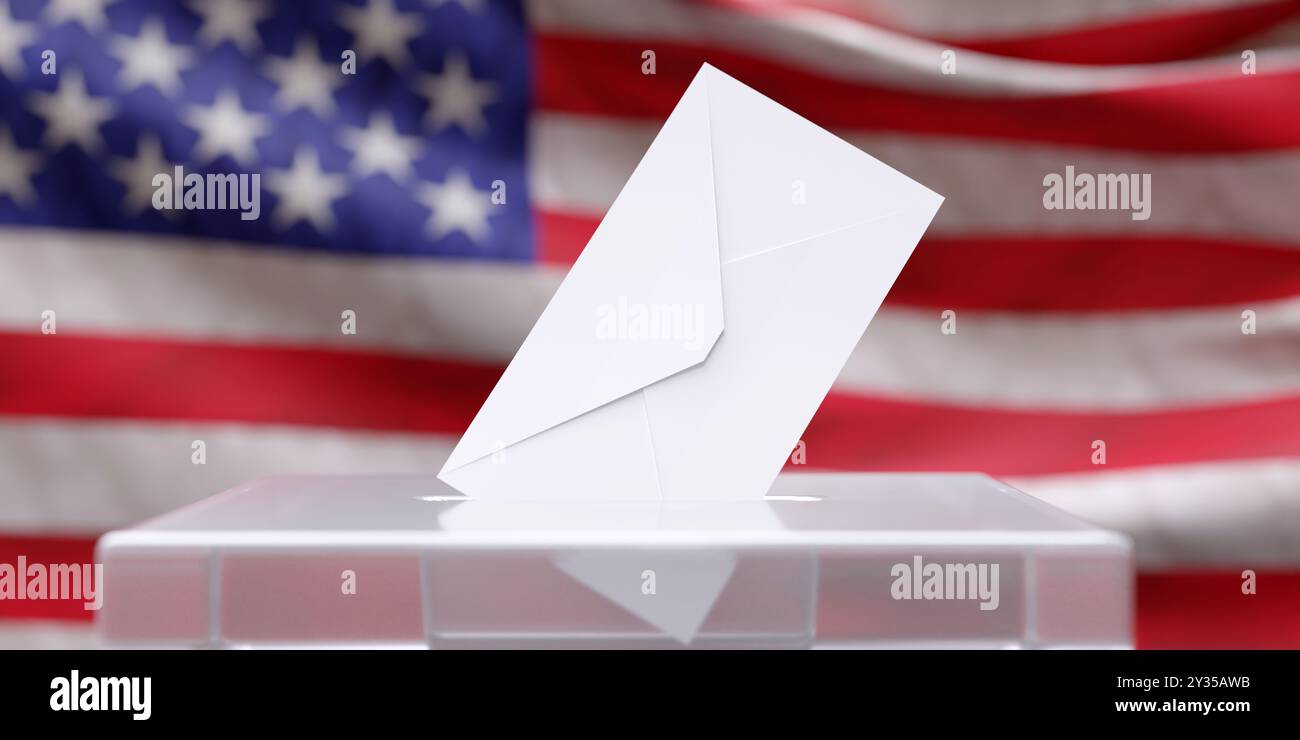 US election, white envelope on voting box, United States of America ...