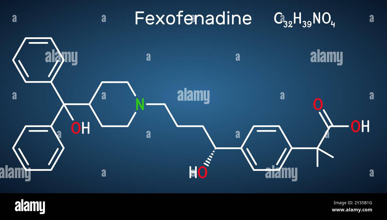 Fexofenadine molecule. It is symptomatic drug of seasonal allergic ...