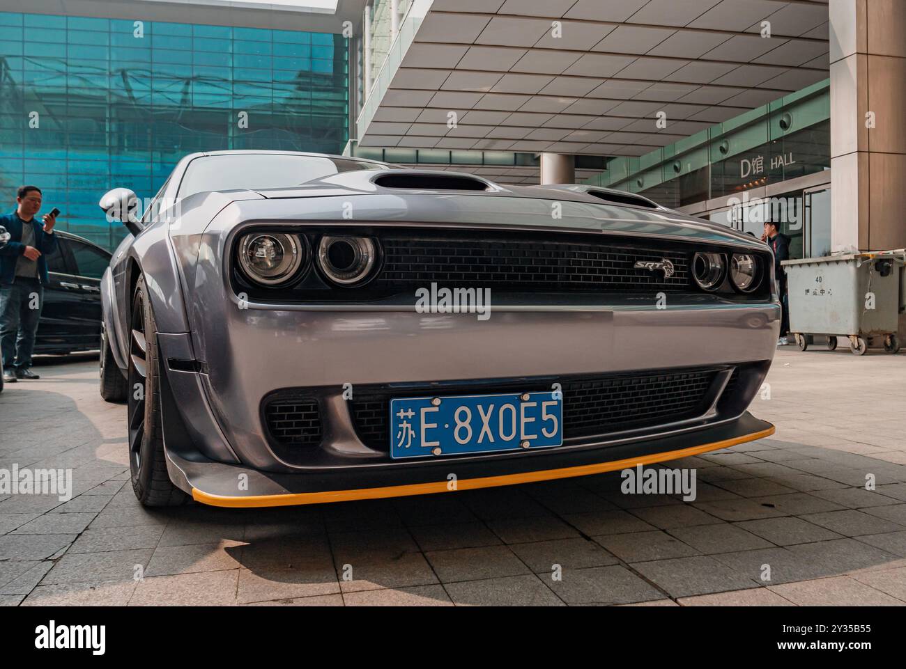 A close-up shot of a custom-tuned Dodge Challenger at a car show Stock ...