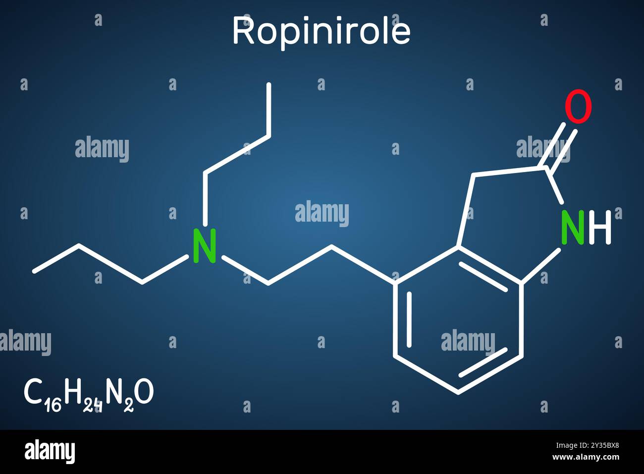 Ropinirole drug molecule. Used to treat the symptoms of Parkinson's ...