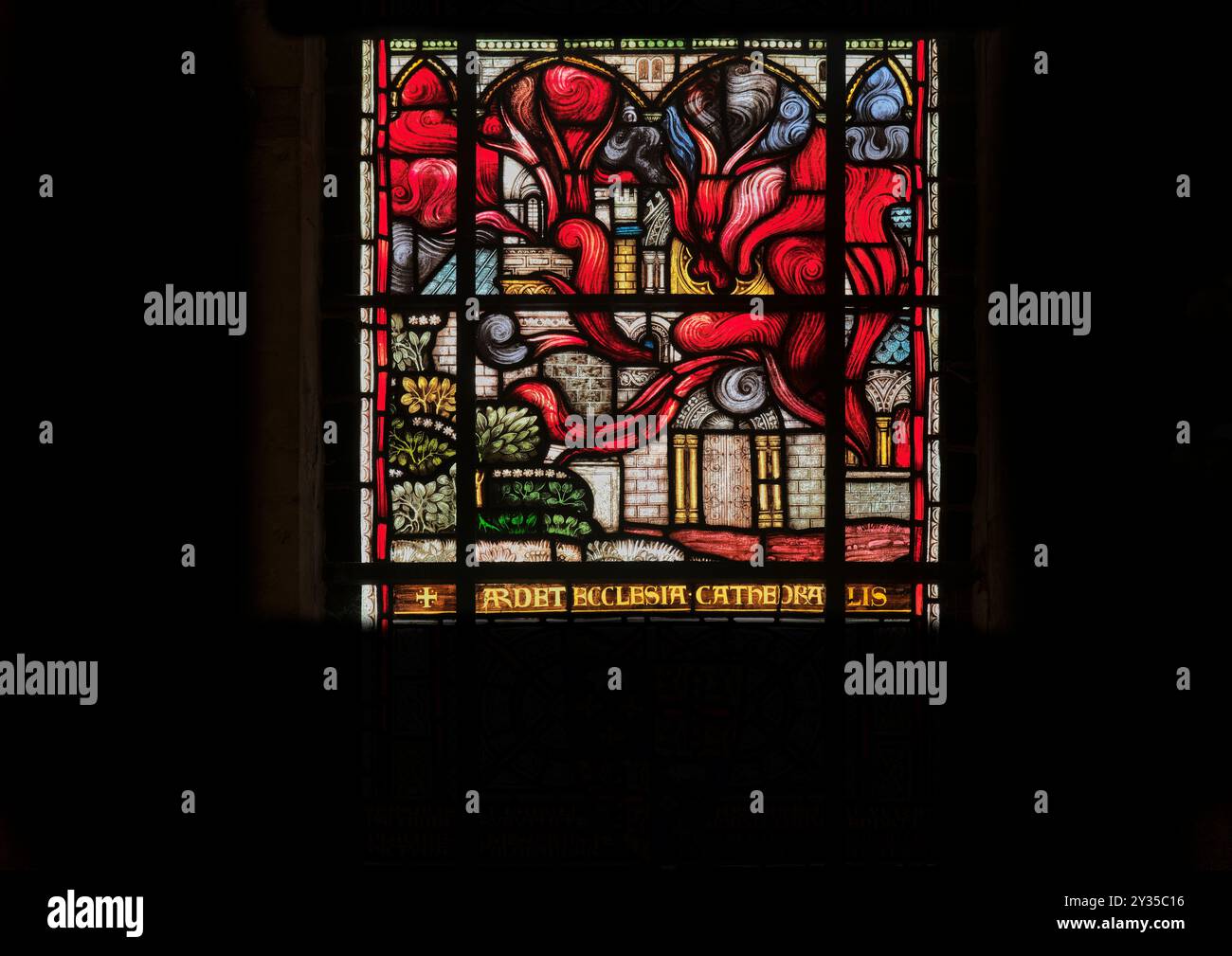 The cathedral on fire, a stained glass window in the chapter house at ...
