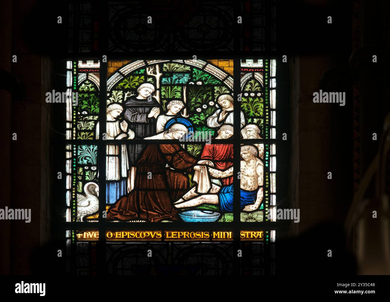 Bishop Hugh ministers to a leper, stained glass window in the chapter ...