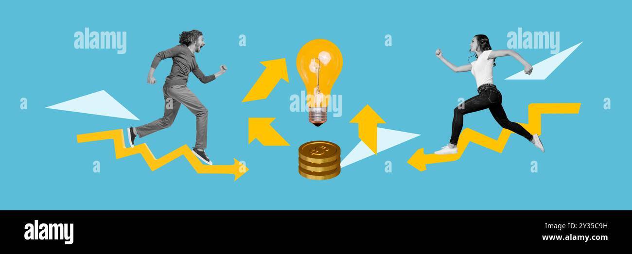 Horizontal creative retro 3d magazine collage image of excited couple ...