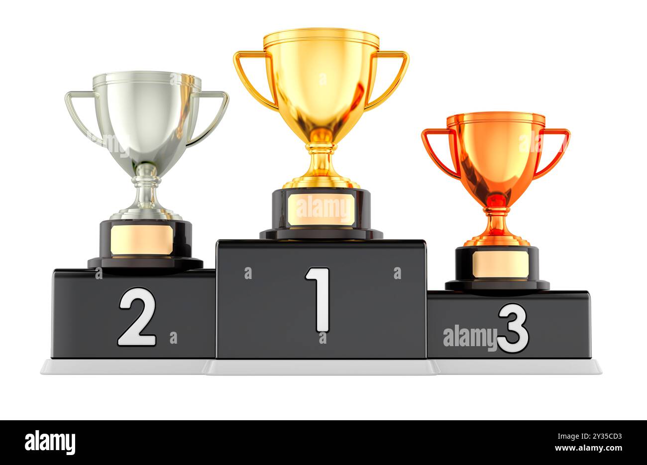 Winners Podium with golden, silver and bronze trophy cups. 3D rendering ...