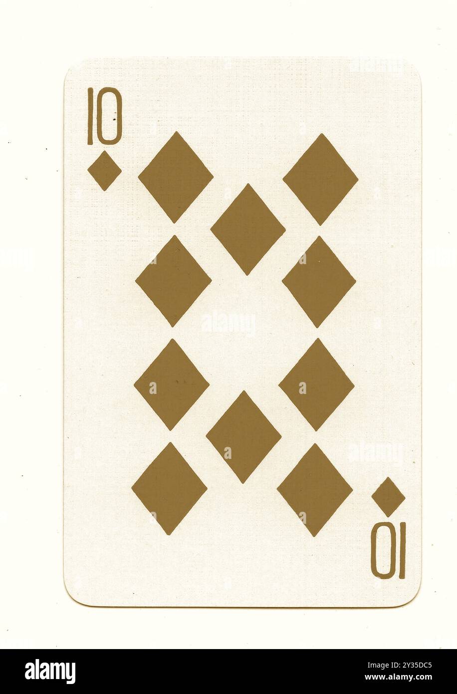 A vintage ten of diamonds playing card in sepia on a pale cream ...