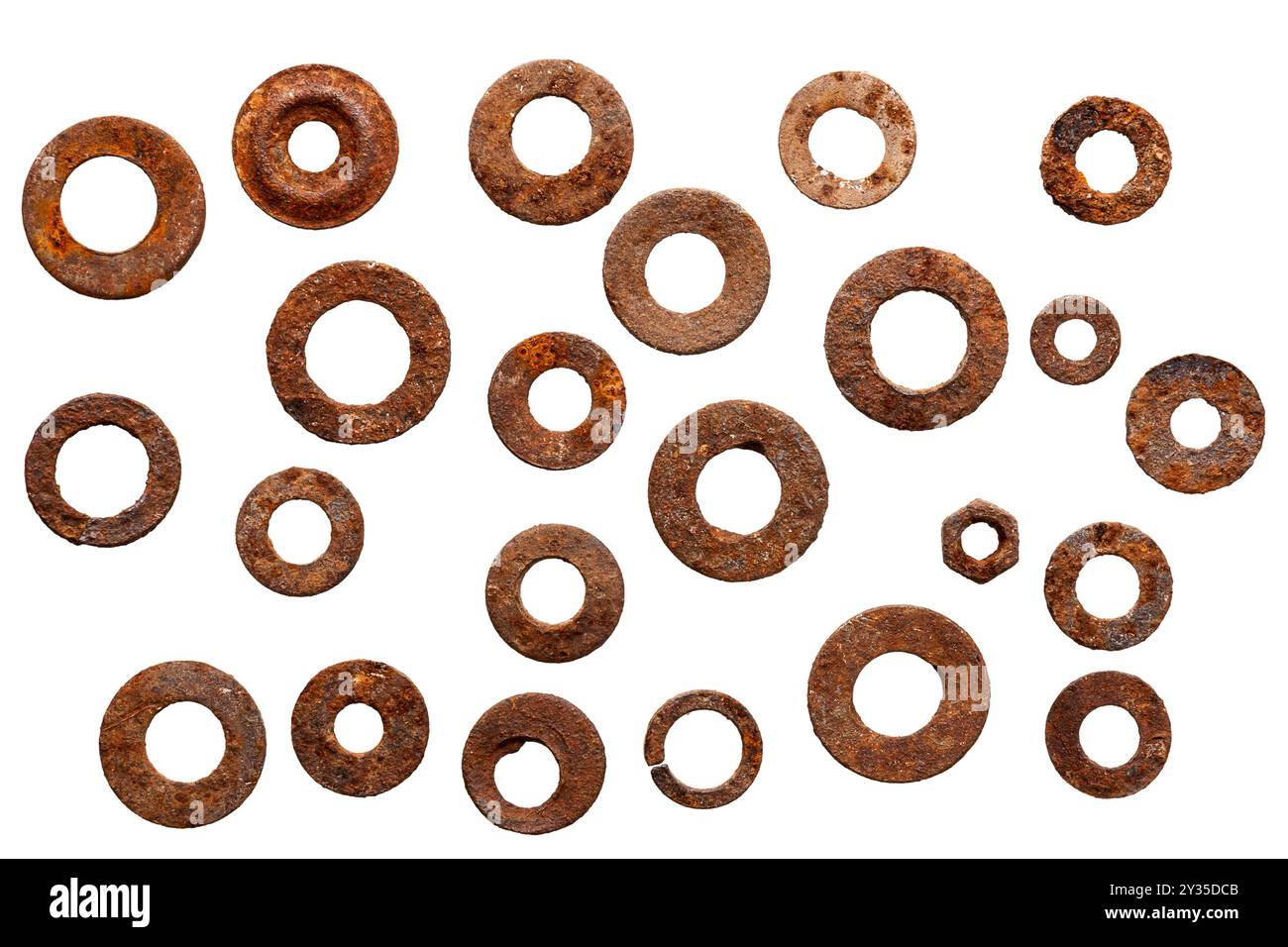 Collection of rusty bolts washers and nuts isolated on a white ...
