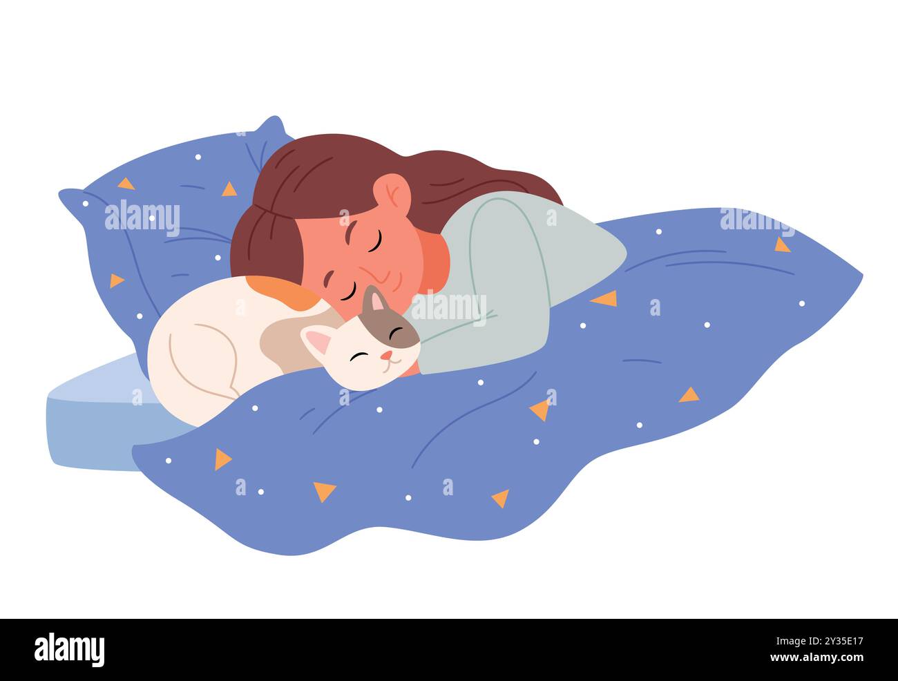 A girl sleeps with a cat on a cute bed.Person sleeping in bed with ...